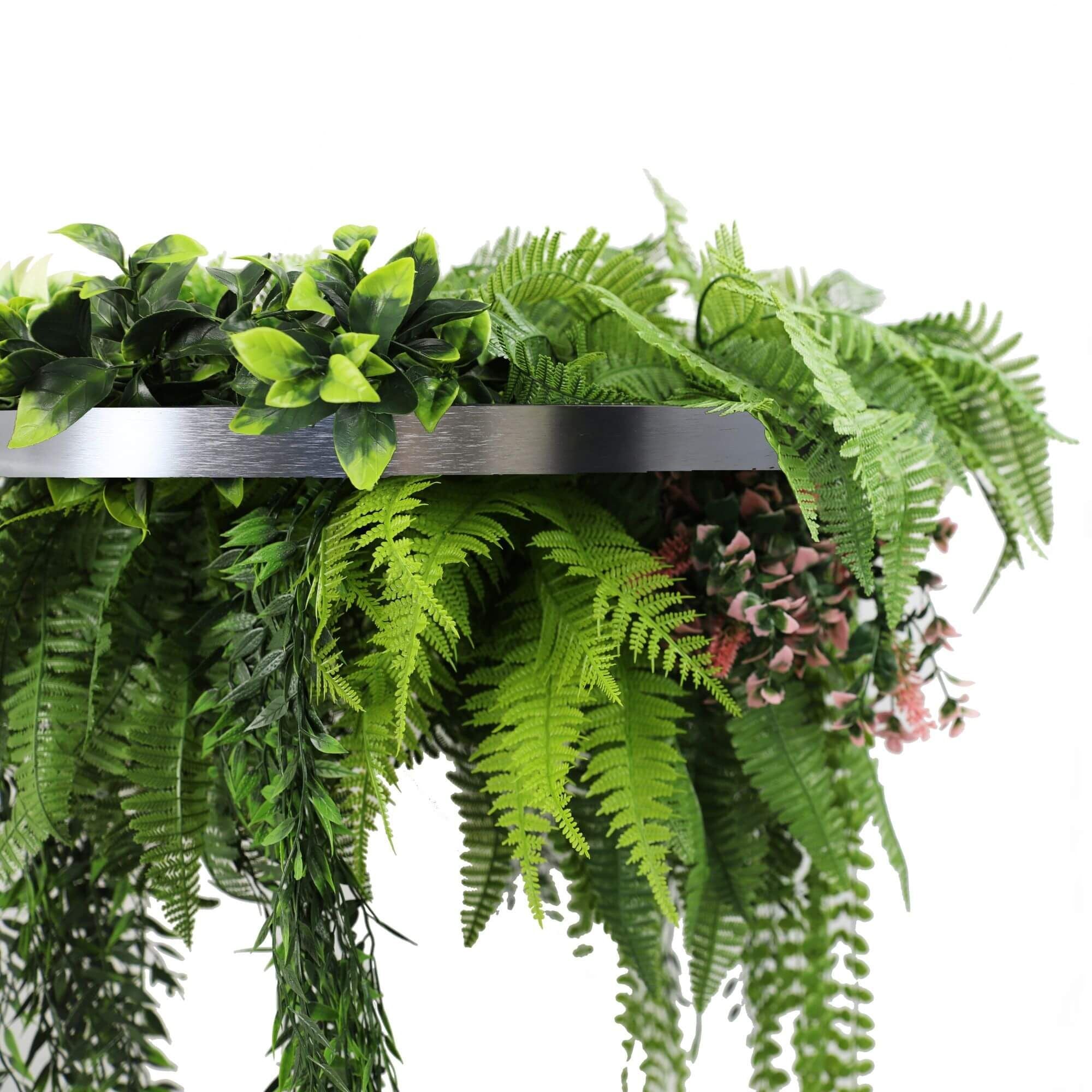 Silver Framed Roof Hanging Disc with Draping Life-Like Plants UV Resis ...